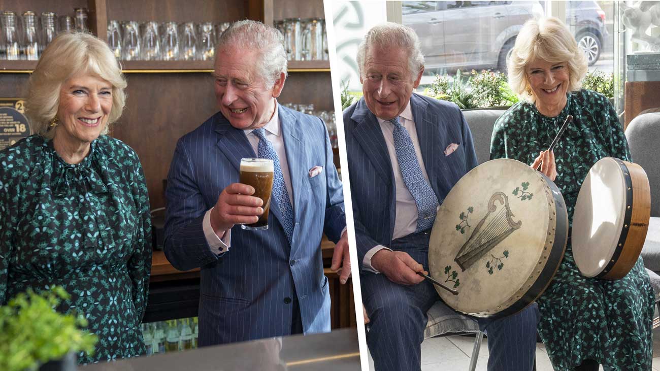 Le prince Charles fait sonner le bodhrán et se sert une pinte de ...